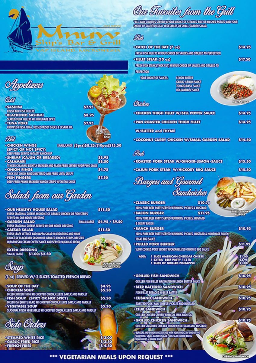Mnuw Restaurant & Nautical Bar Menu - Manta Ray Bay Resort - Yap ...